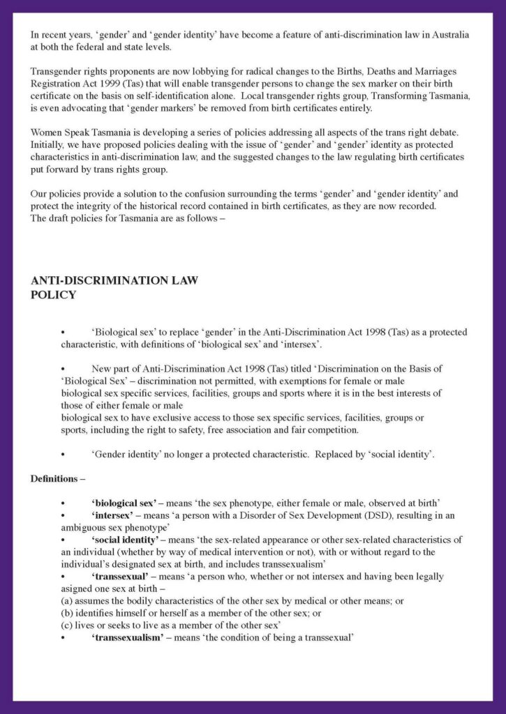 Women Speak Tasmania – Women’s Rights and Transgender Law Reform ...